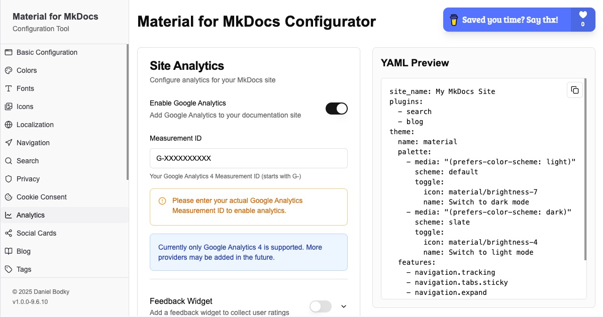 Material for MkDocs Configurator by @mocdaniel